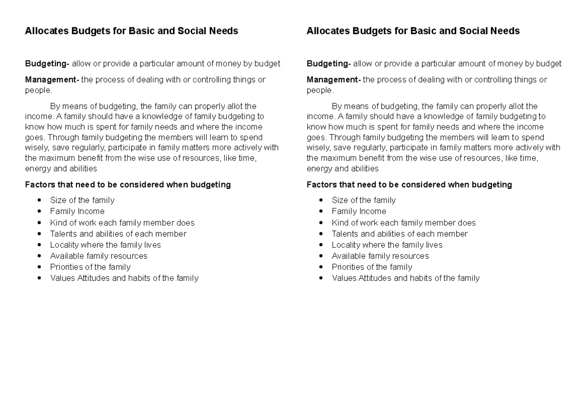 Allocates Budgets for Basic and Social Needs - Allocates Budgets for ...