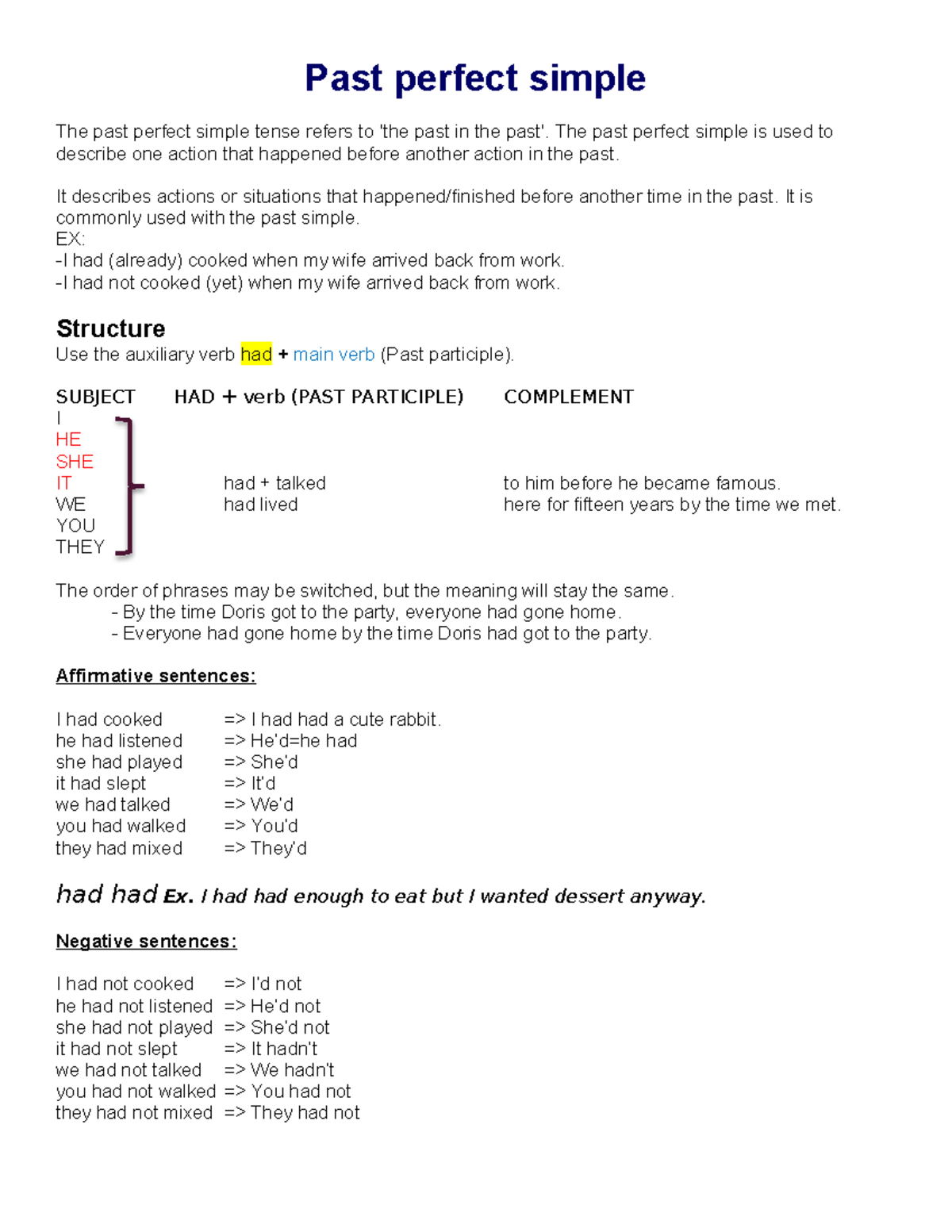 Past Perfect Simple - Past perfect simple The past perfect simple tense ...