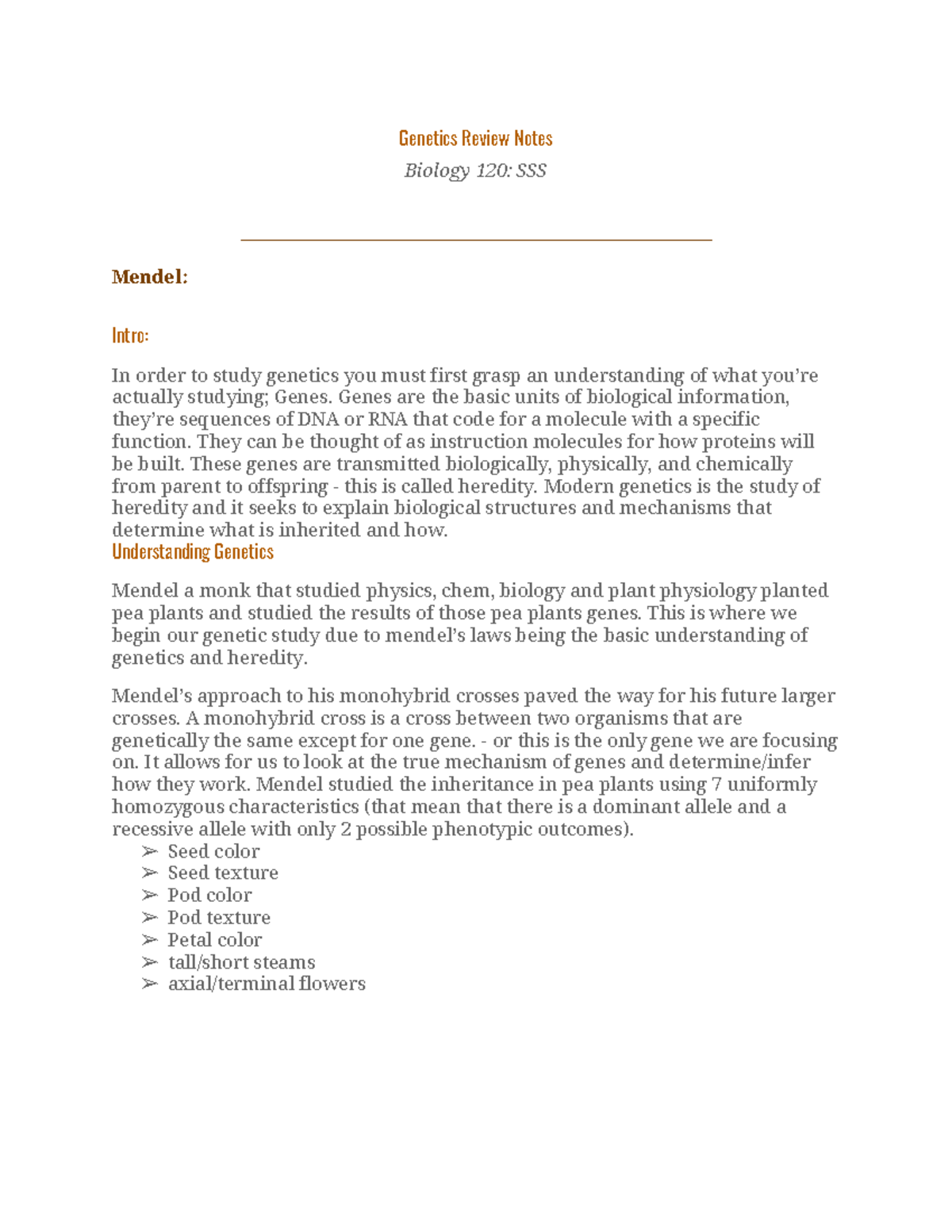 Bio120SSS Genetic Review - Genetics Review Notes Biology 120: SSS - Studocu