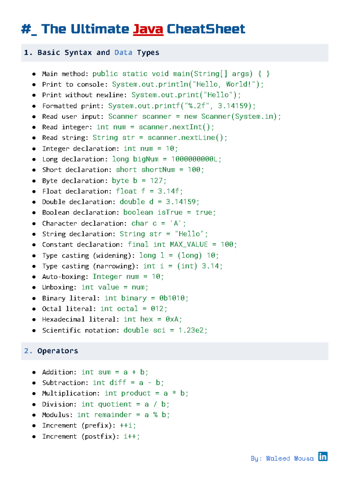 The Ultimate Java Cheat Sheet - Basic Syntax and Data Types Main method: public static void ...