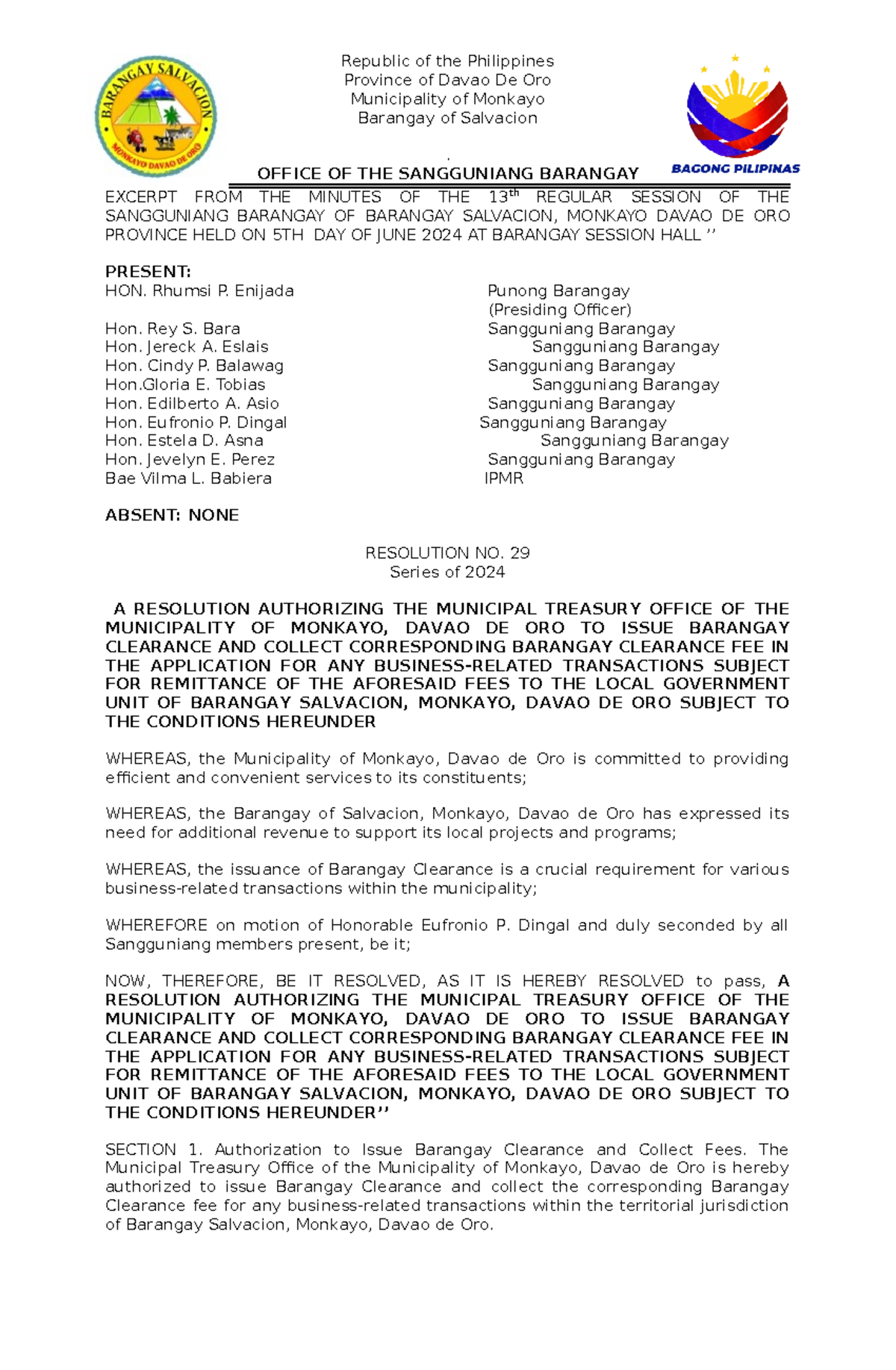 Barangay- Clearance- Resolution - Republic of the Philippines Province ...