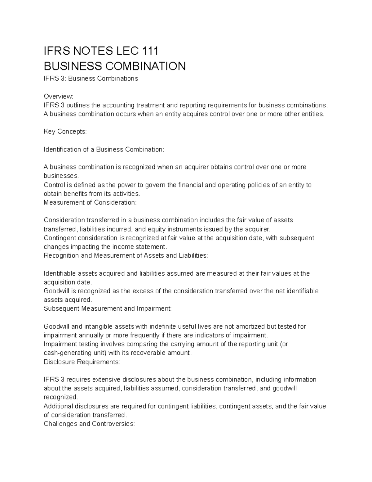 Ifrsnotes 311 - ACC - IFRS NOTES LEC 111 BUSINESS COMBINATION IFRS 3 ...