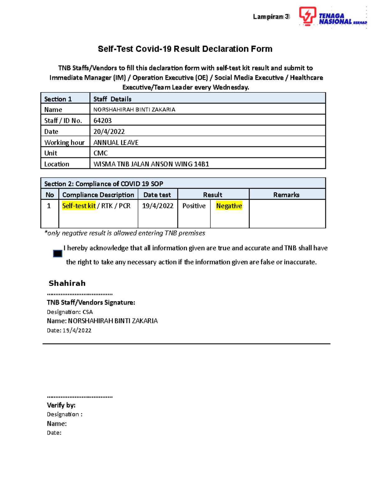 Lampiran 3 - Self-Test Covid-19 Result Declaration Form(20.04 - Self ...