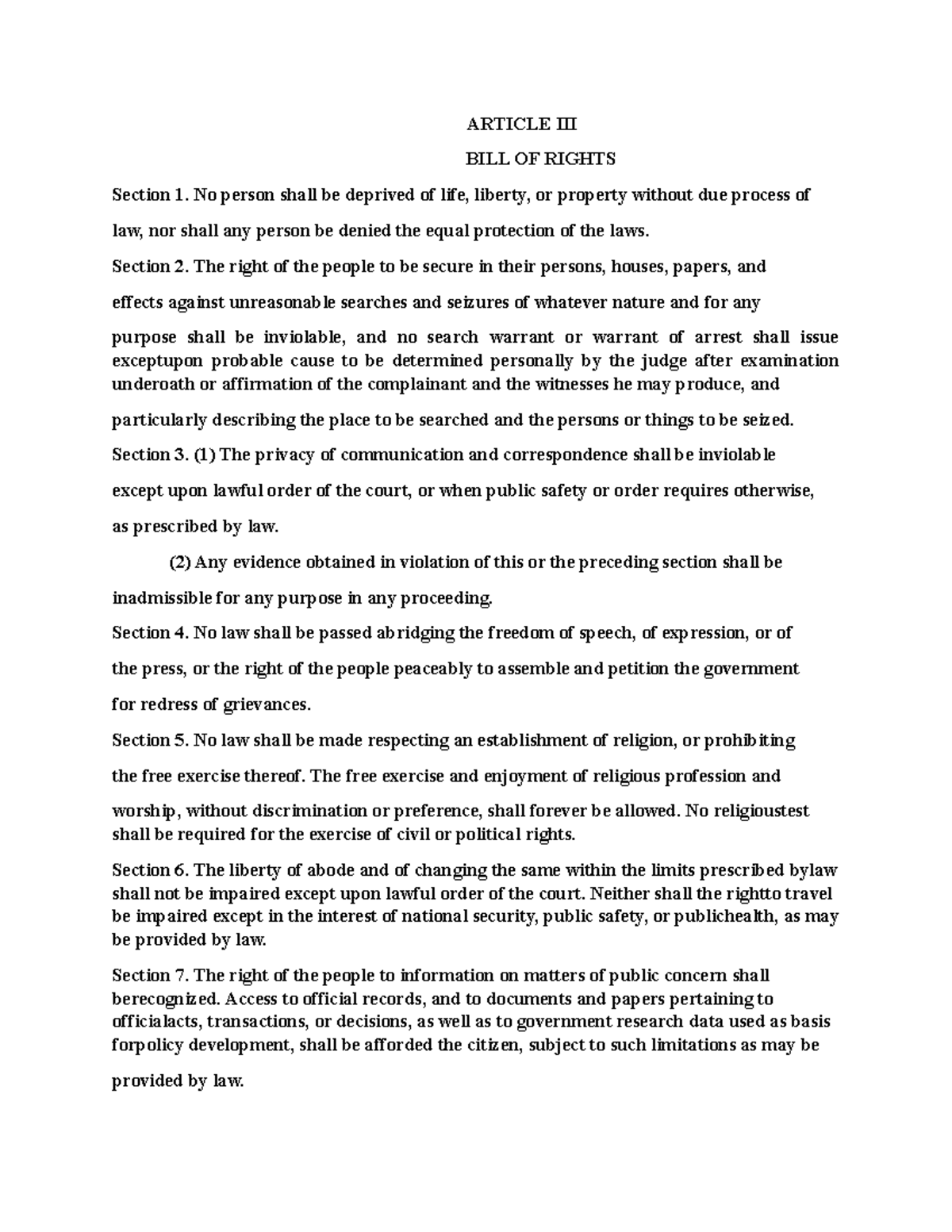 Reviewer for lts - pls safe - ARTICLE III BILL OF RIGHTS Section 1. No ...