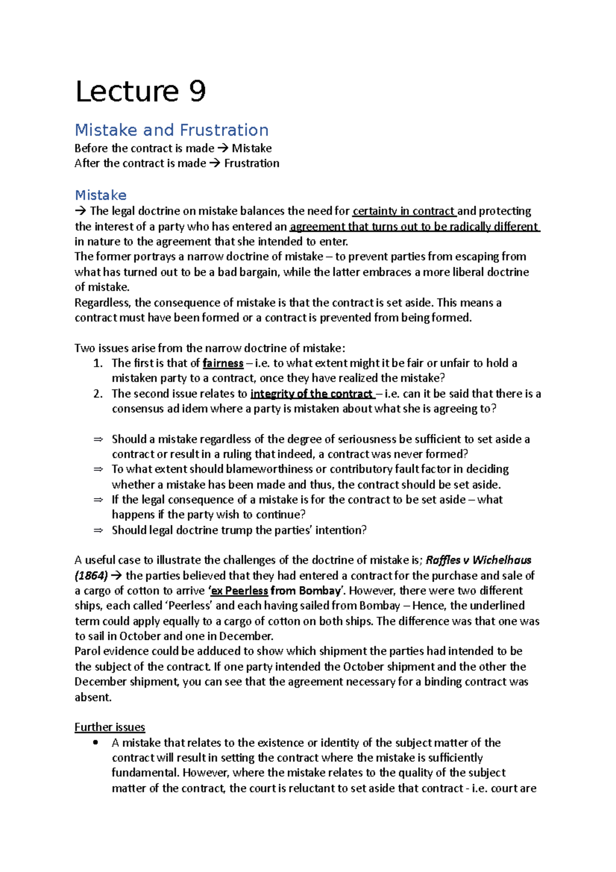 Lecture 9 - Aniekan Akpan - Lecture 9 Mistake and Frustration Before the contract is made ...