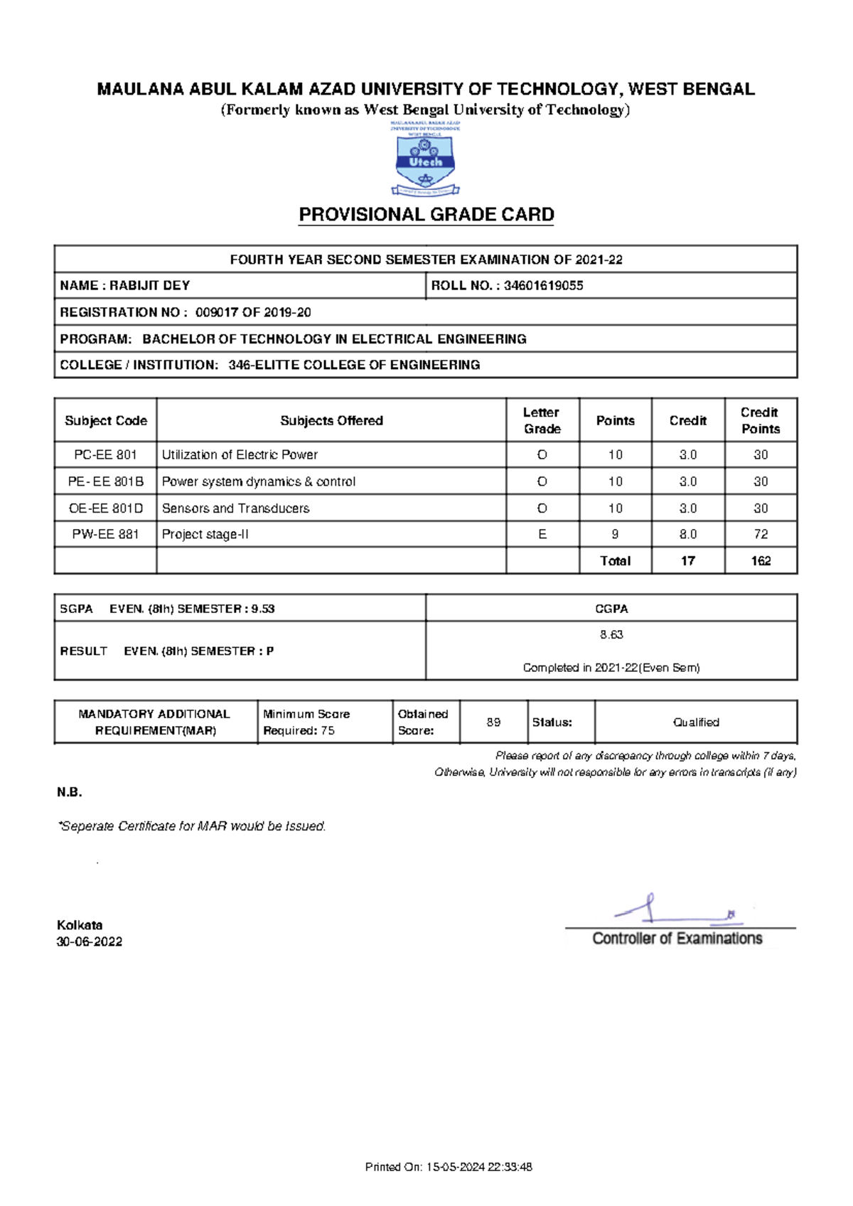 8th - Marksheet - MAULANA ABUL KALAM AZAD UNIVERSITY OF TECHNOLOGY ...