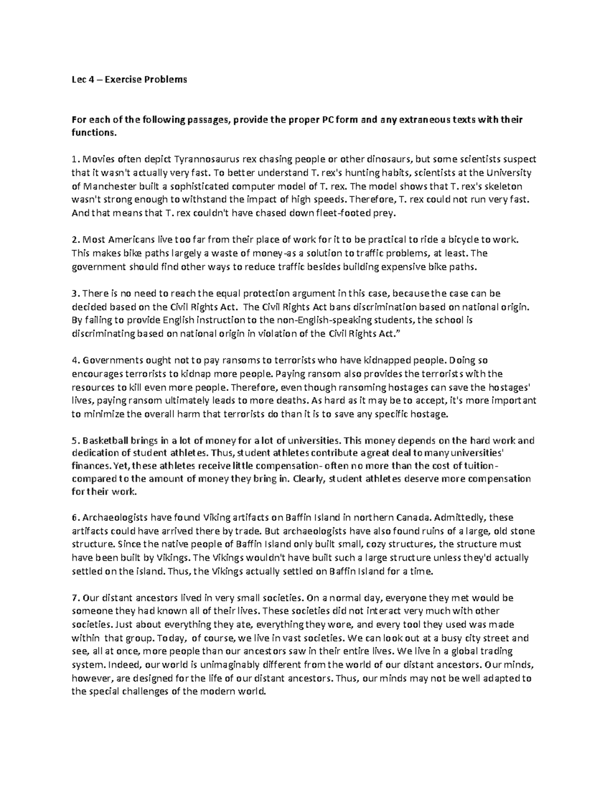 Lec 4 Exercise Problems Lec 4 Exercise Problems For Each Of The Following Passages Provide