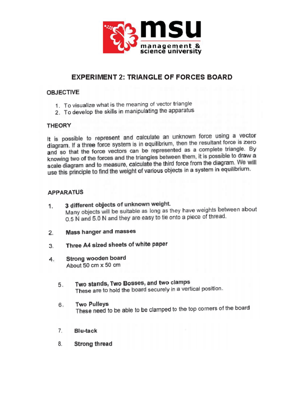 Lab 2 - Triangle of Forces Manual Sheet - Principles of Information ...
