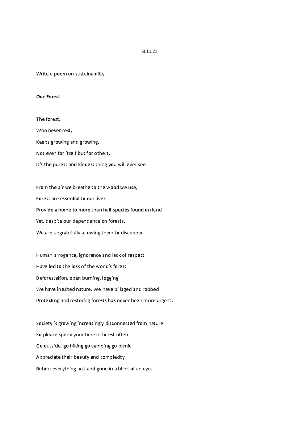 ELC121 poem - poem about sustainability - ELC Write a poem on ...