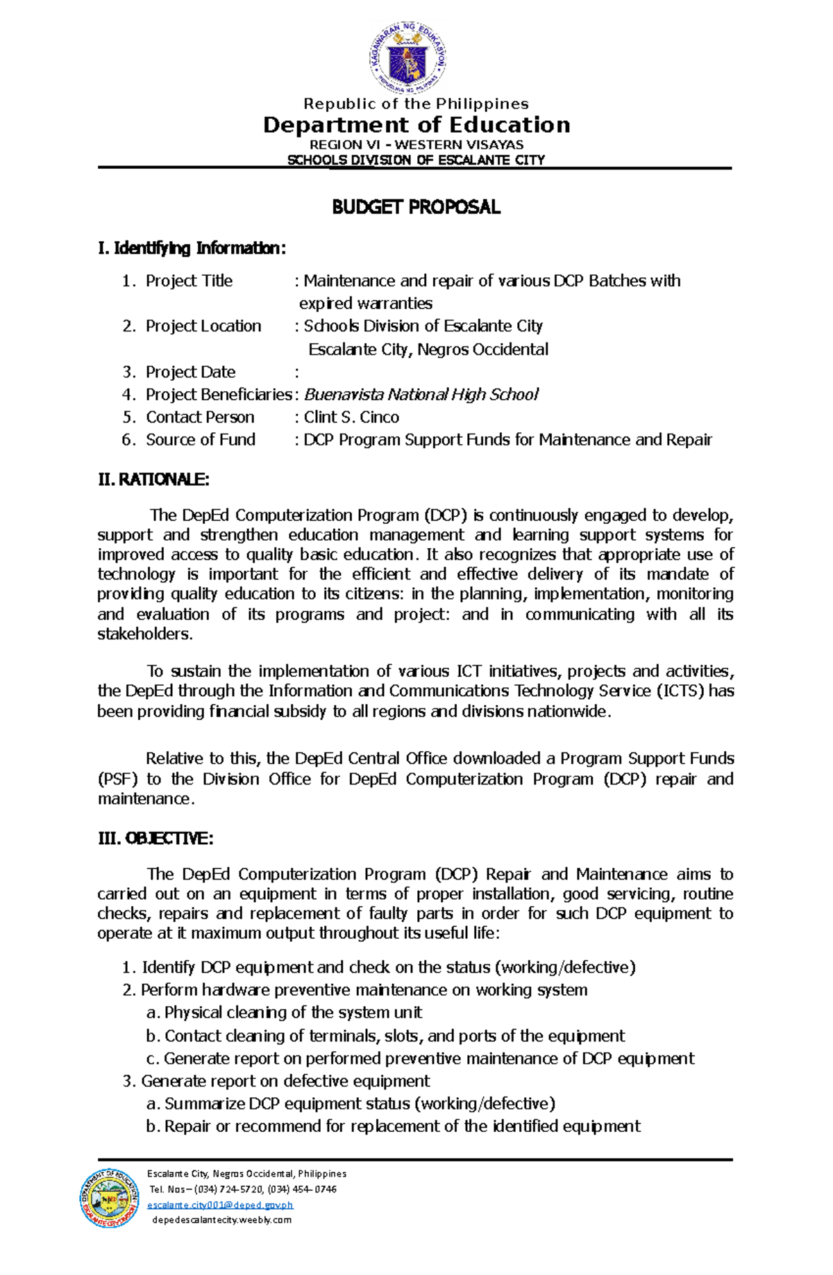 Budget- Proposal-DCP-parts BNHS - Republic of the Philippines ...