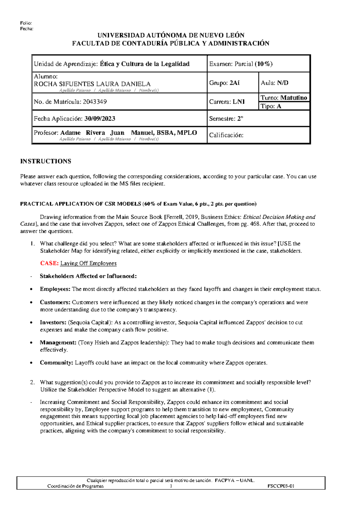 Etica Cultura Legalidad Mid Term Laura Rocha - Folio: Fecha: Cualquier ...