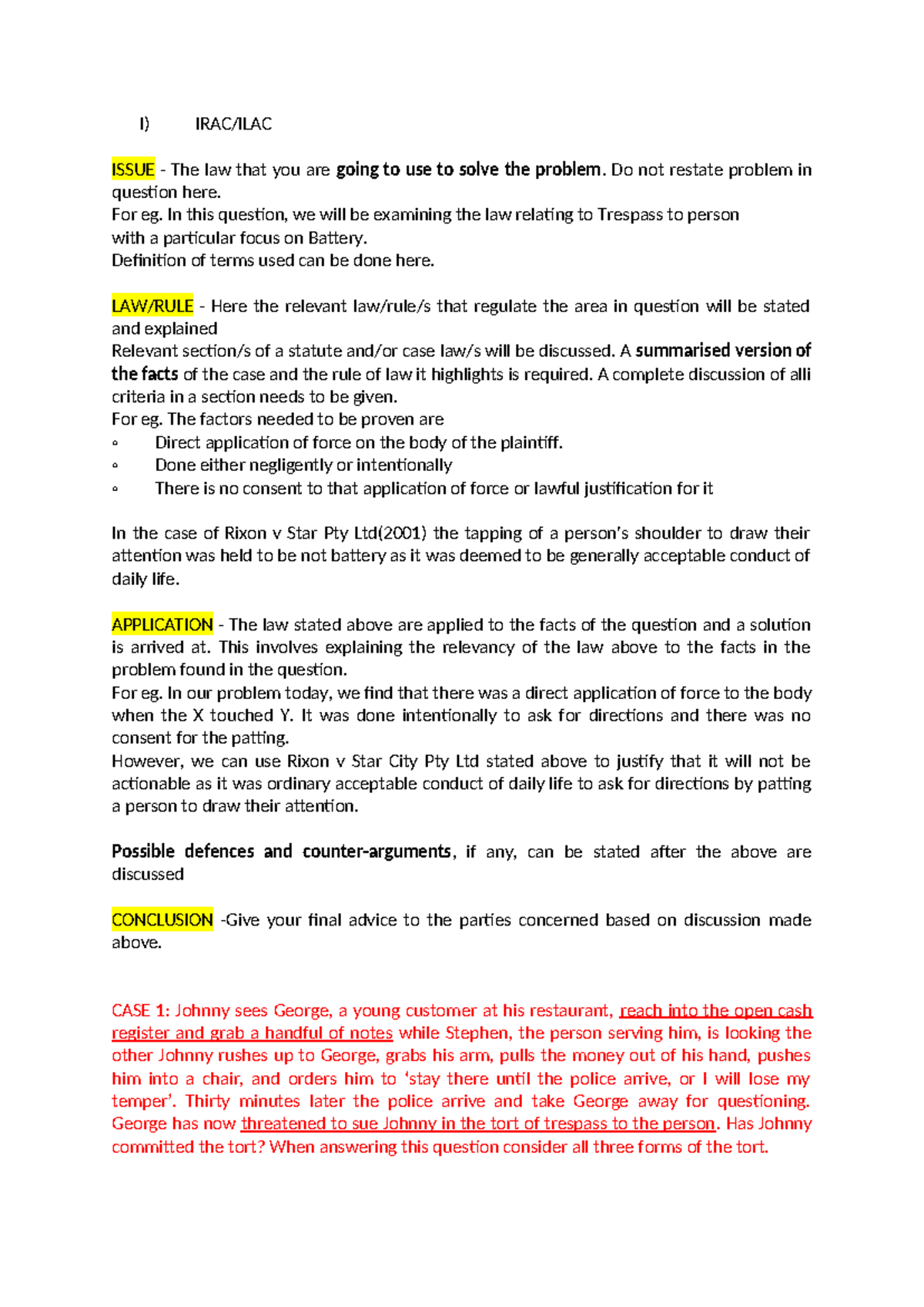 Business law note - I) IRAC/ILAC ISSUE - The law that you are going to ...