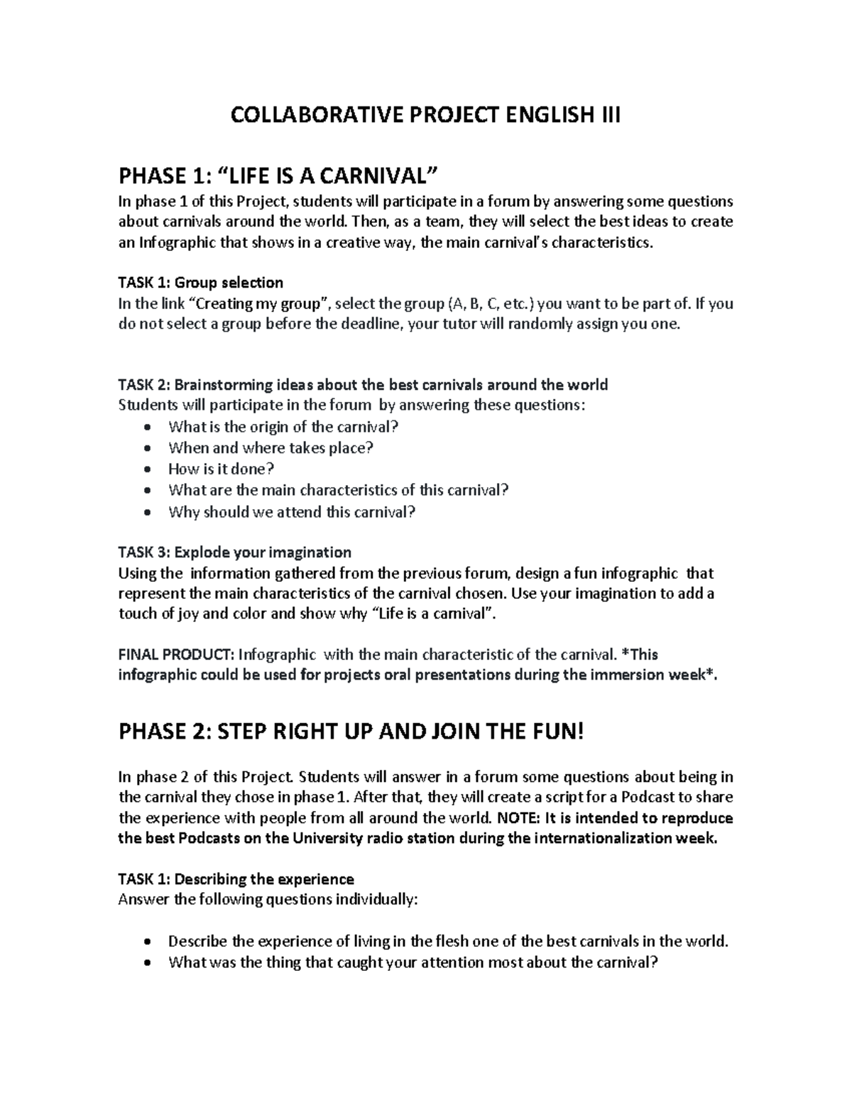 Project English III - Inglés - COLLABORATIVE PROJECT ENGLISH III PHASE 1: