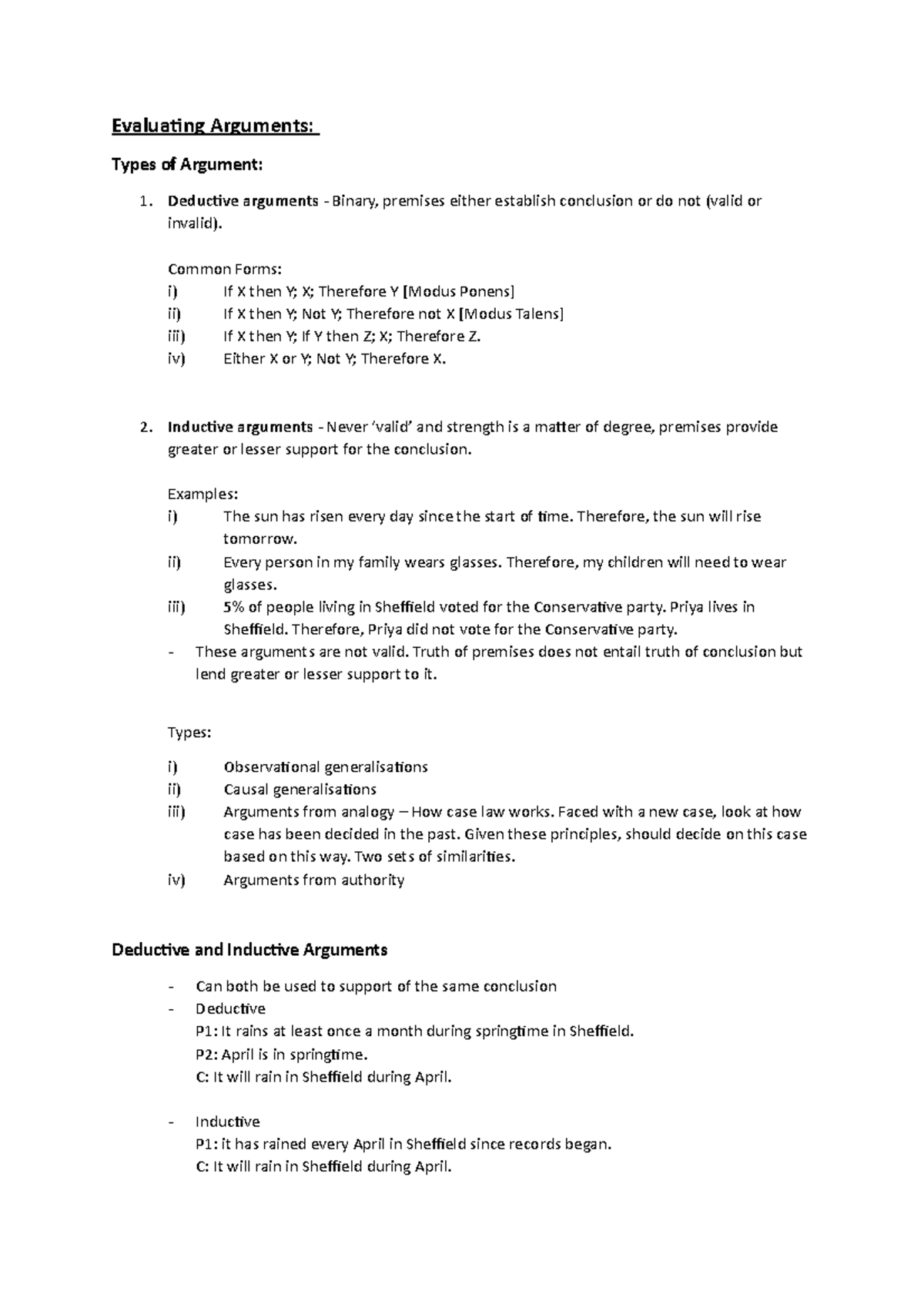 Evaluating Arguments - Lecture notes 2 - Evaluating Arguments: Types of ...