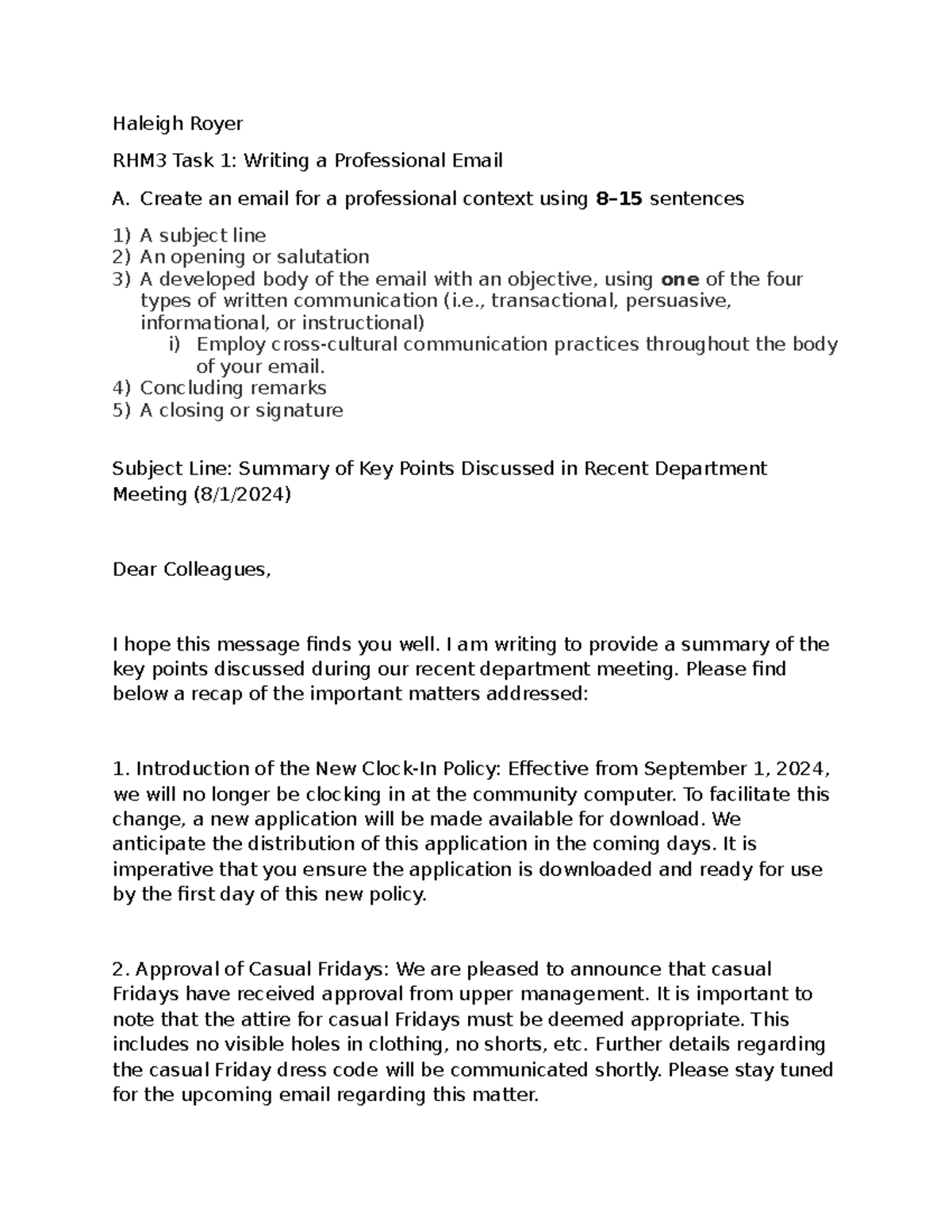 D270 Task 1 - D270 Task 1 passed - Haleigh Royer RHM3 Task 1: Writing a ...