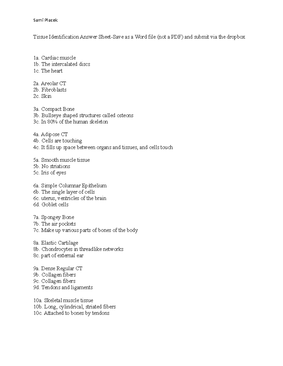 Tissue Identification Answer Sheet - Sami Placek Tissue Identification ...