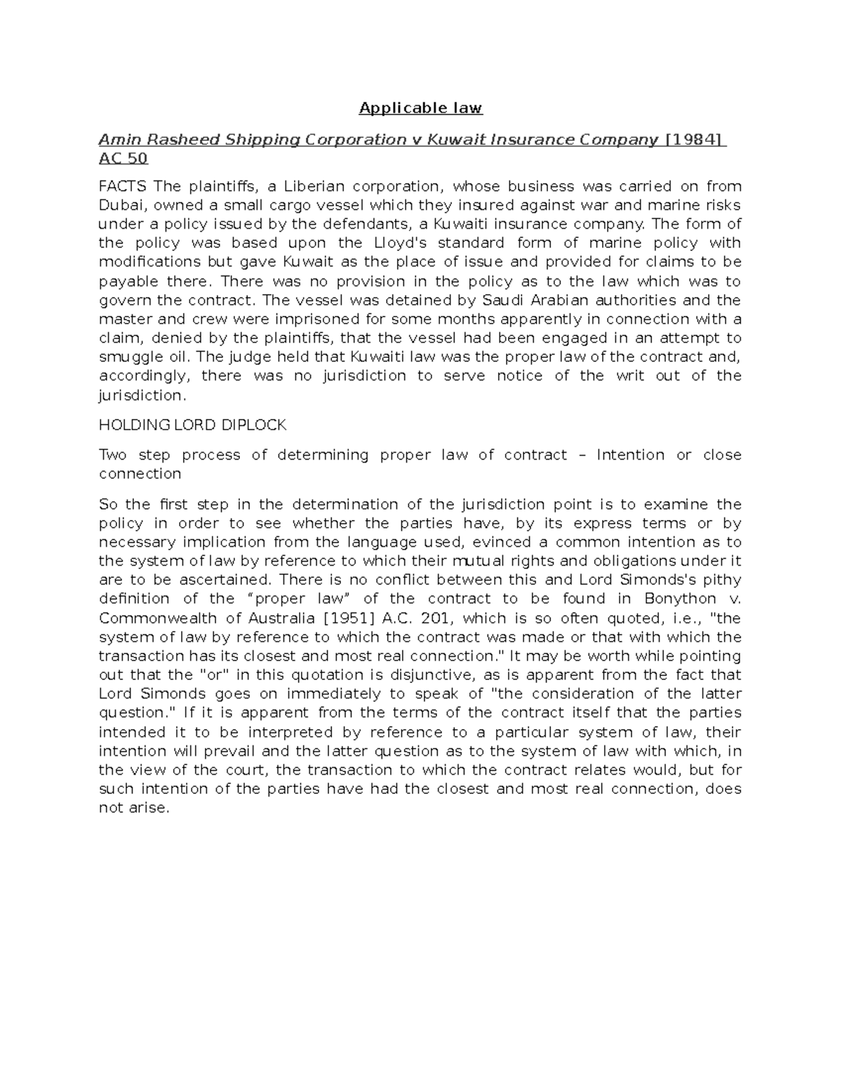 Applicable law - Applicable law Amin Rasheed Shipping Corporation v ...