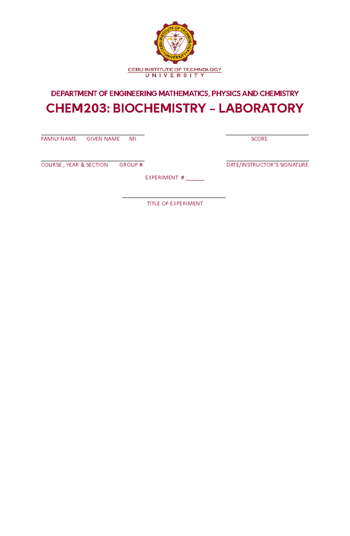 CHEM203 Cover Page - biochemistry - DEPARTMENT OF ENGINEERING ...