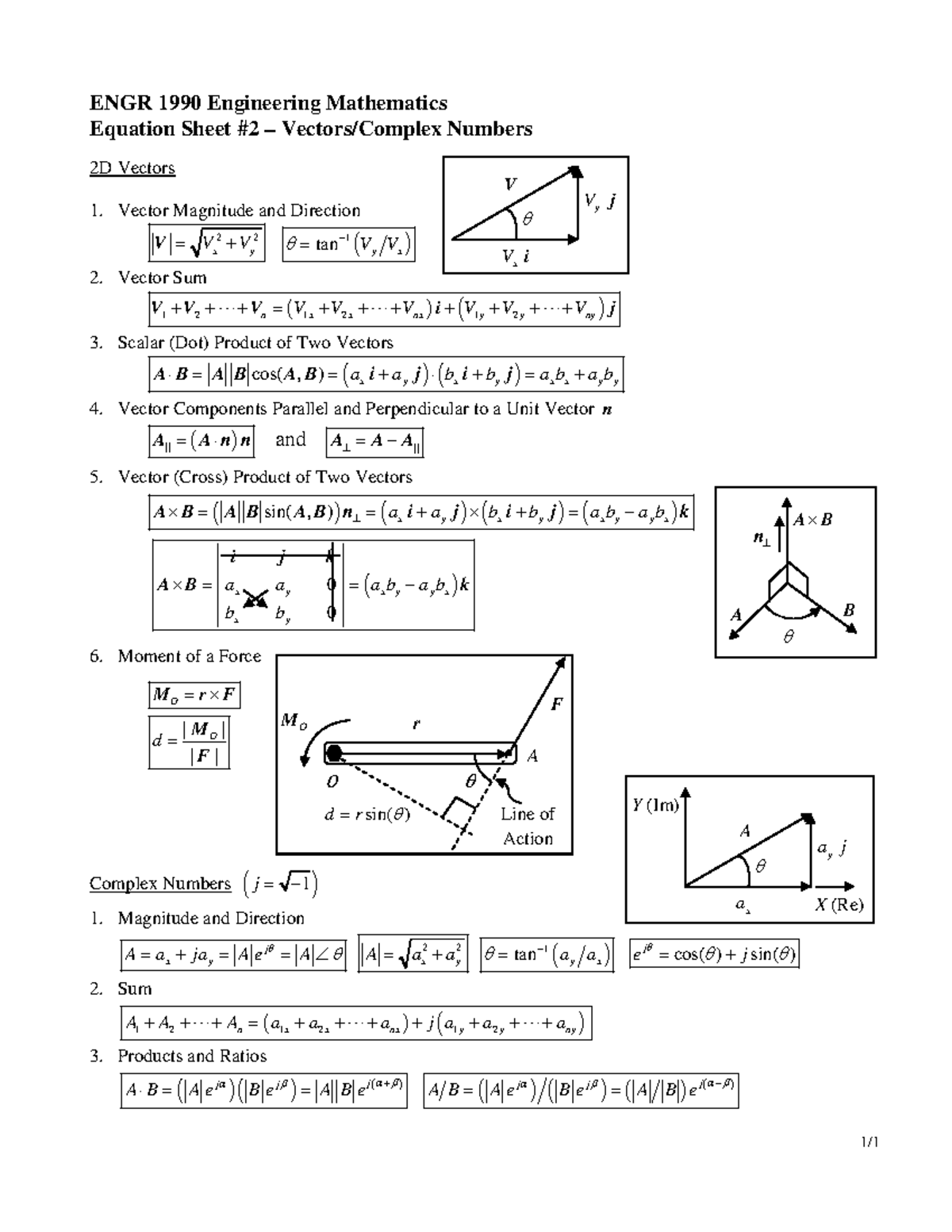 ENGR 1990 Eq Sheet 02-Vectors-Complex Numbers - 1/ ENGR 1990 ...