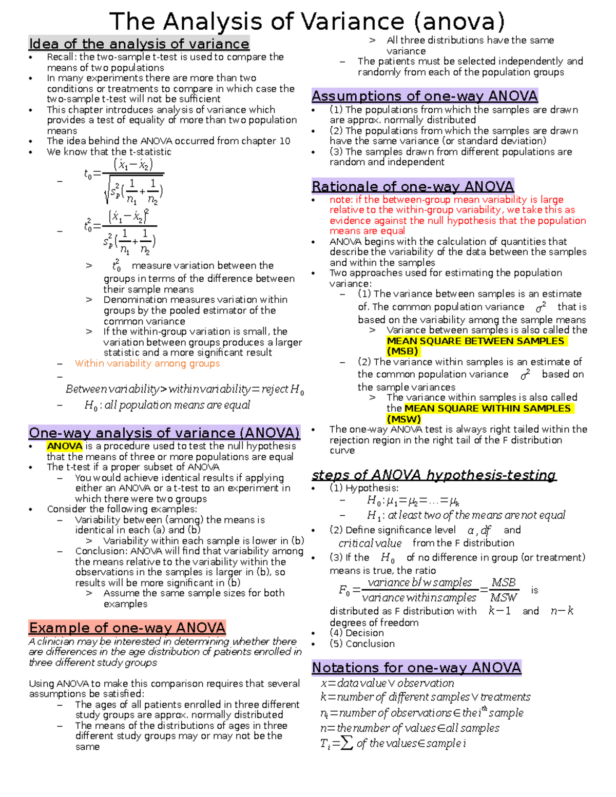 STAT 1302 - Chapter 12 - The Analysis of Variance (anova) Idea of the analysis of variance ...