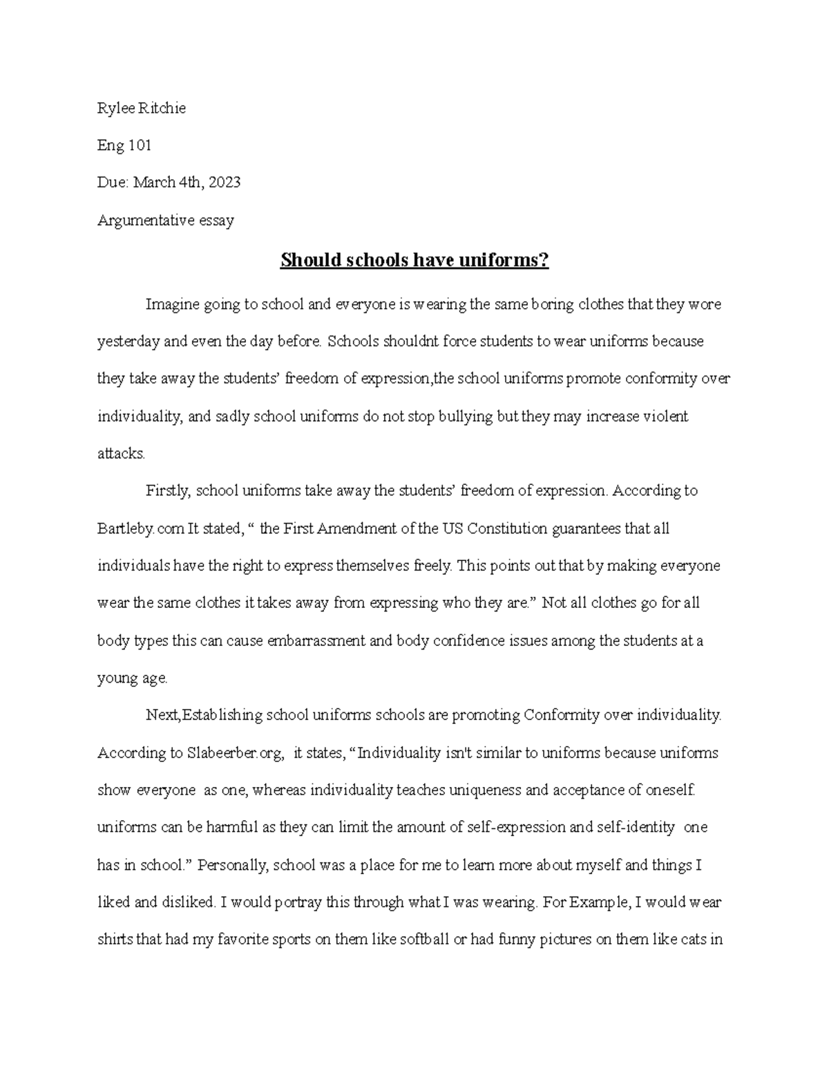 Schould schools have uniforms -Rylee Ritchie - Rylee Ritchie Eng 101 ...