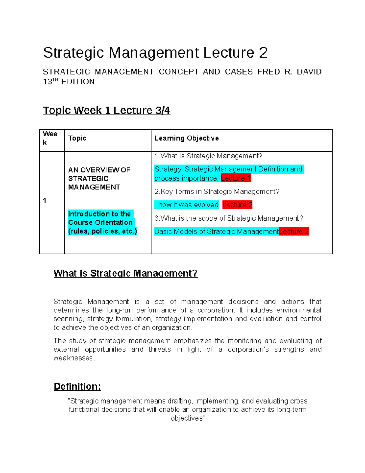 Strategic Management Lecture 2 - DAVID 13 TH EDITION Topic Week 1 ...