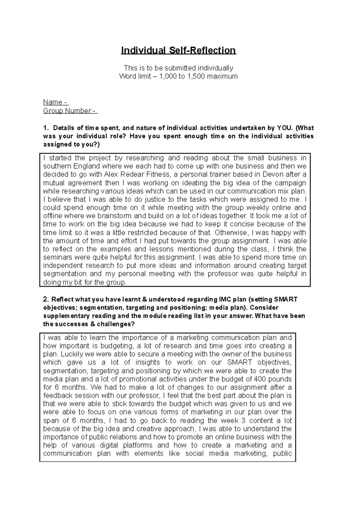 Individual Self-Reflection- Honey Somaya- IMC - Individual Self-Reflection This is to be ...