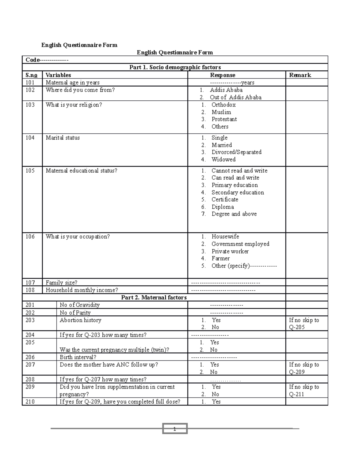 Aderajew questionare nn - 1 English Questionnaire Form English ...