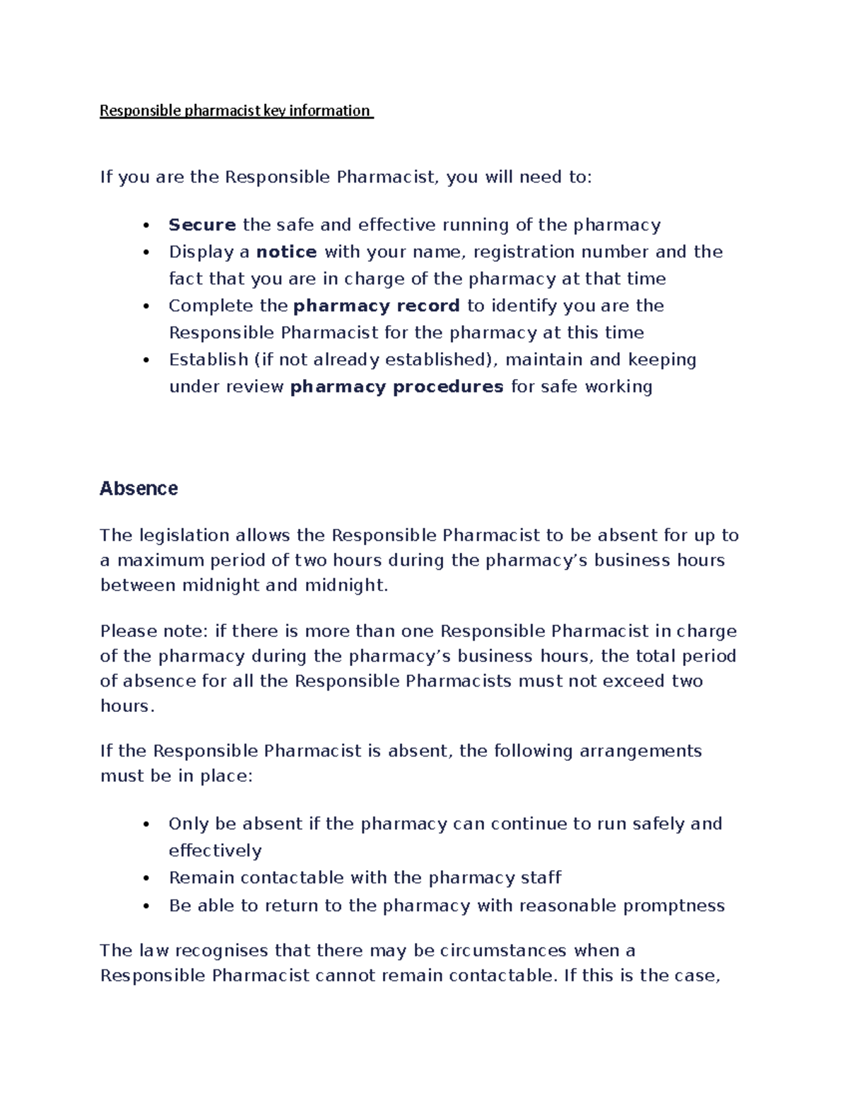 Responsible Pharmacist Key Information - Studocu