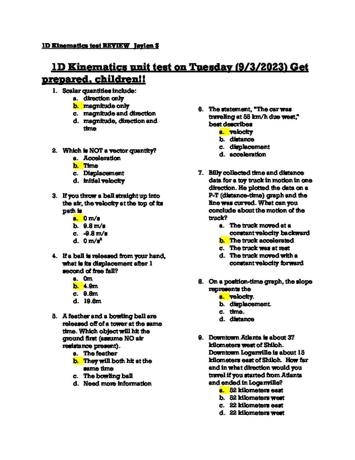 1D Jaylen S Kinematics Review Test - 1D Kinematics test REVIEW Jaylen S ...