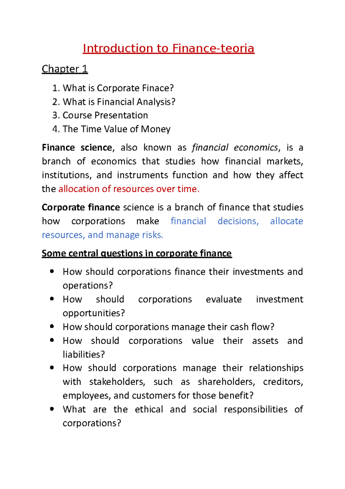 Introduction to Finance - Introduction to Finance-teoria Chapter 1 1 ...