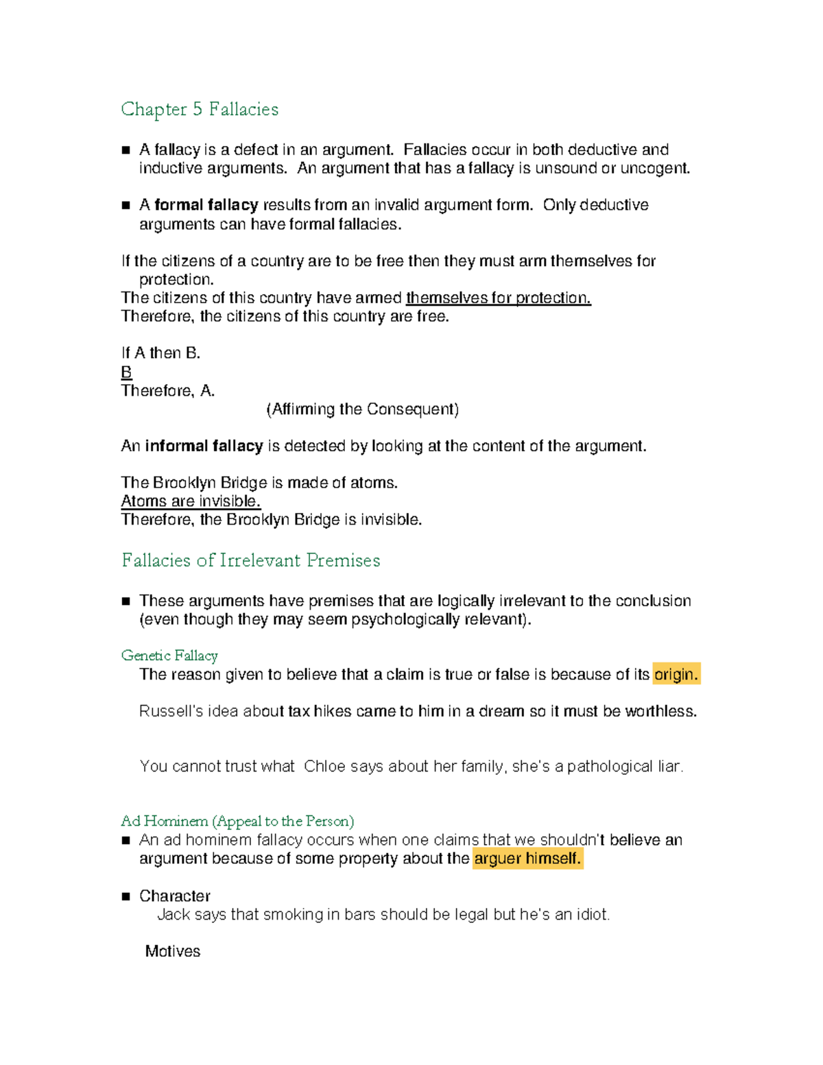 Chapter 5 Fallacies pdf - Chapter 5 Fallacies A fallacy is a defect in ...