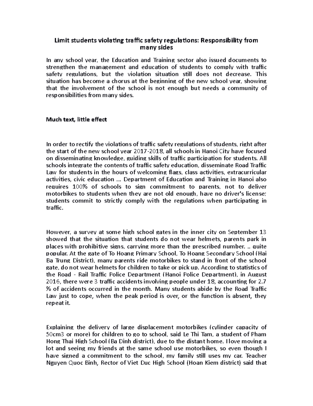 Limit students violating traffic safety regulations Responsibility from ...