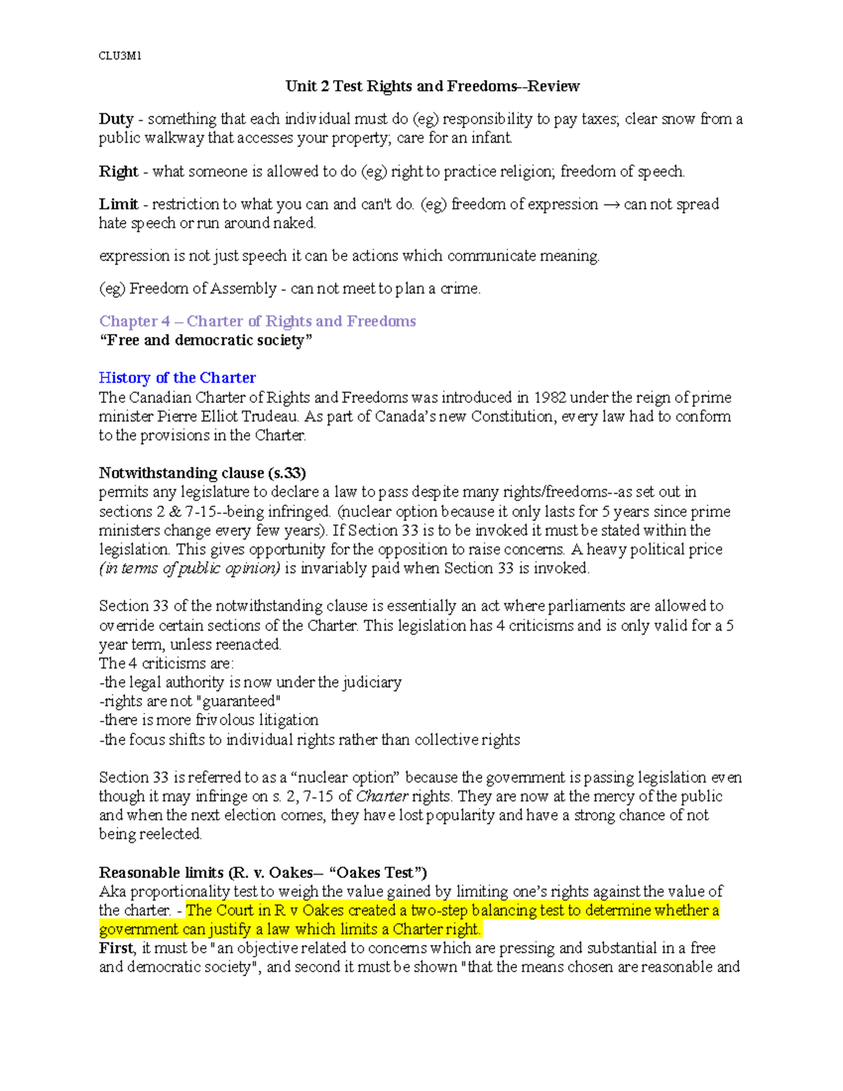 CLU3M1 Unit 2 Test Rights and Duty - Studocu