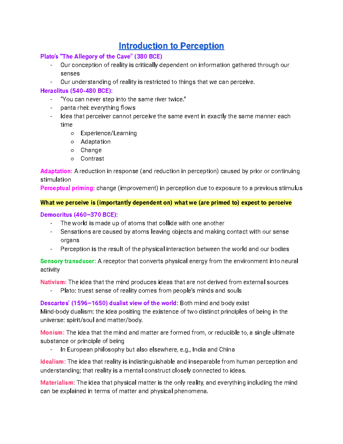 Perception Notes - Introduction to Perception Plato’s “The Allegory of ...