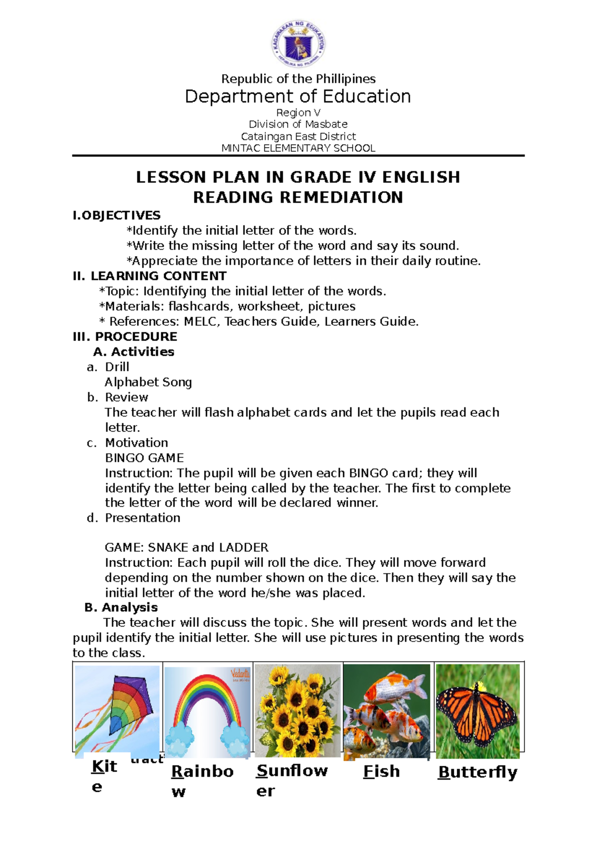 COT LP Grade 4 Remedial Reading - Republic of the Phillipines ...