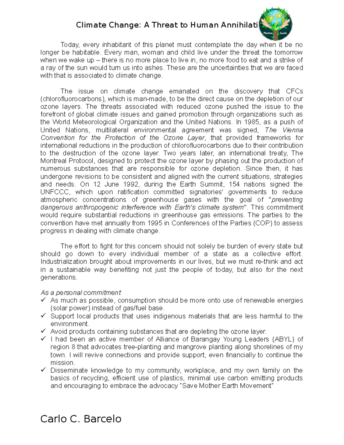Barcelo, Carlo Climate Change Reflection Paper - Climate Change: A ...