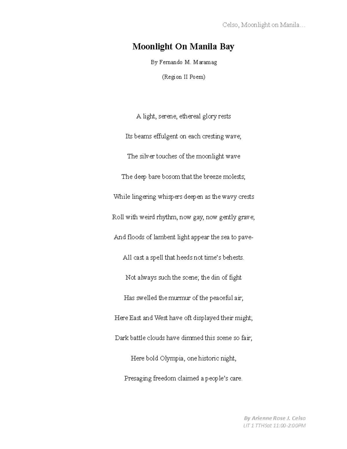 Moonlight on Manila Bay Literary Analysis - Celso, Moonlight on Manila ...