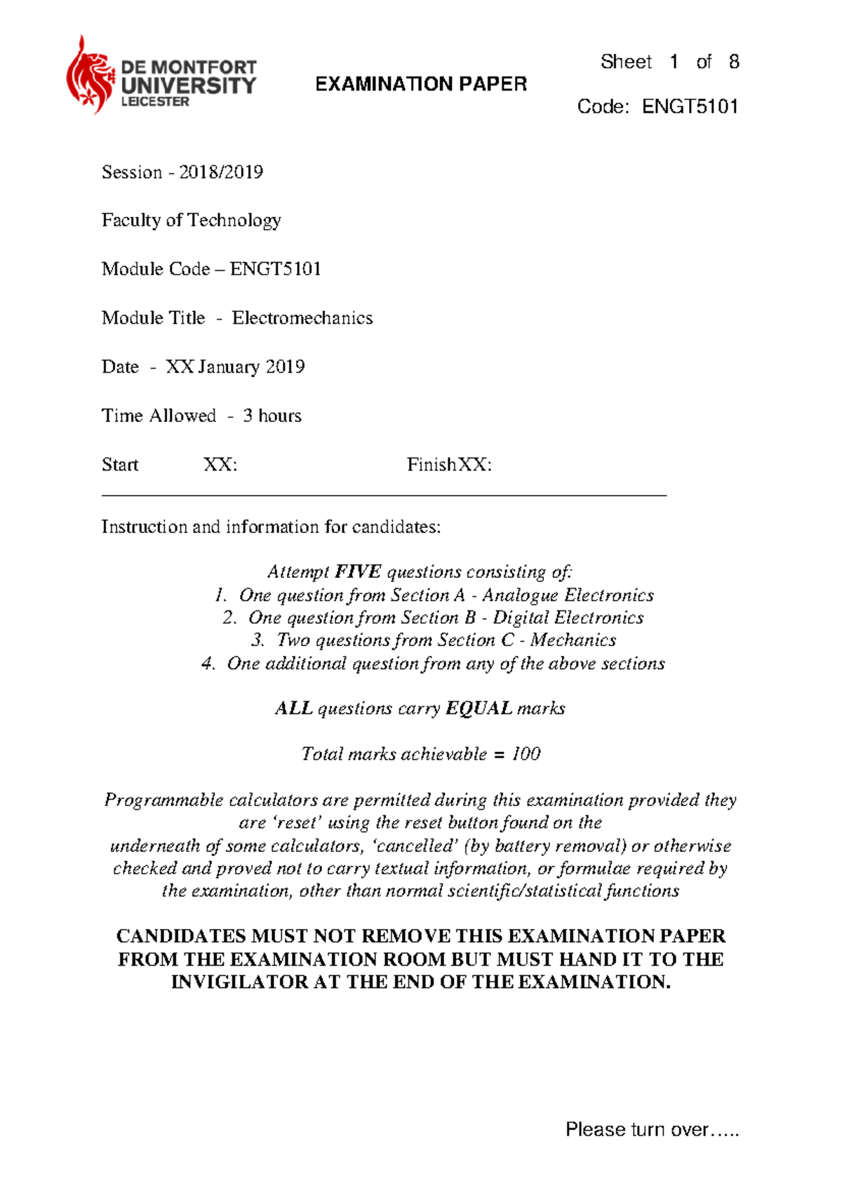 ENGT5101 2019 Exam - Sheet 1 of 8 EXAMINATION PAPER Code: ENGT Please ...