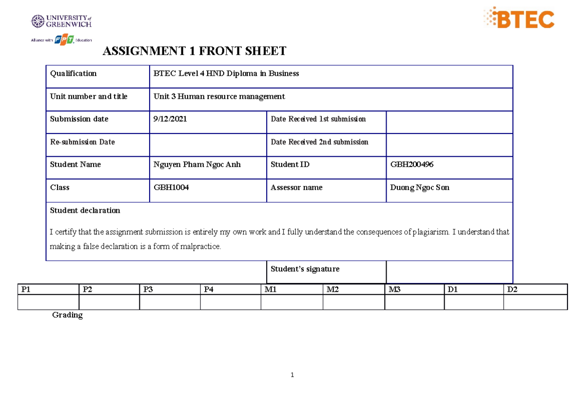487.Assignment 1 frontsheet (2020 - 2021) - ASSIGNMENT 1 FRONT SHEET Qualification BTEC Level 4 ...
