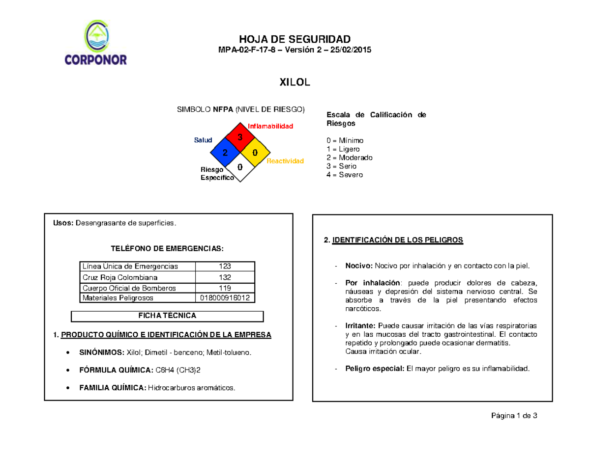 HS Xilol - HOJA DE SEGURIDAD MPA-02-F-17-8 – Versión 2 – 25/02/ Página ...