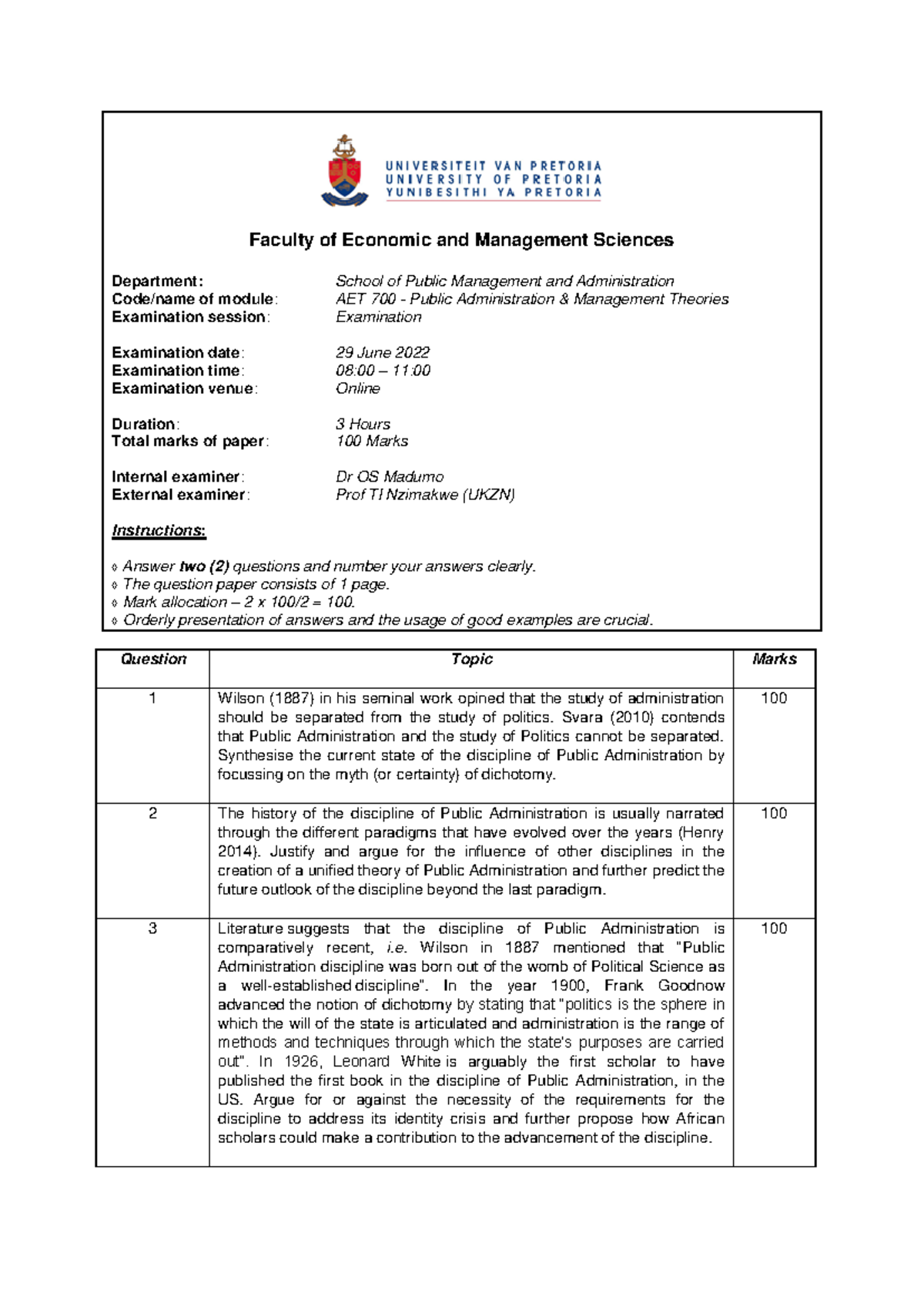 AET 700 exam paper 2022 final - Faculty of Economic and Management ...