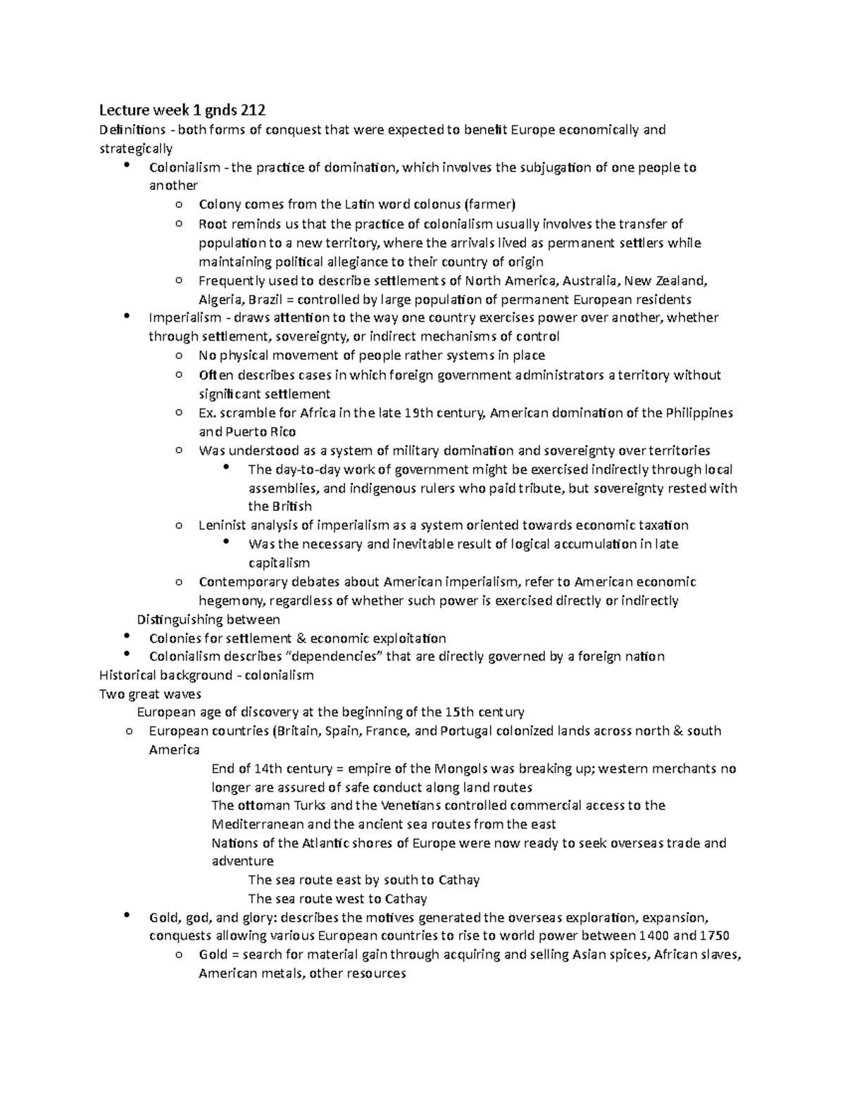 Lecture week 1 gnds 212 - Lecture week 1 gnds 212 Definitions - both forms of conquest that were ...