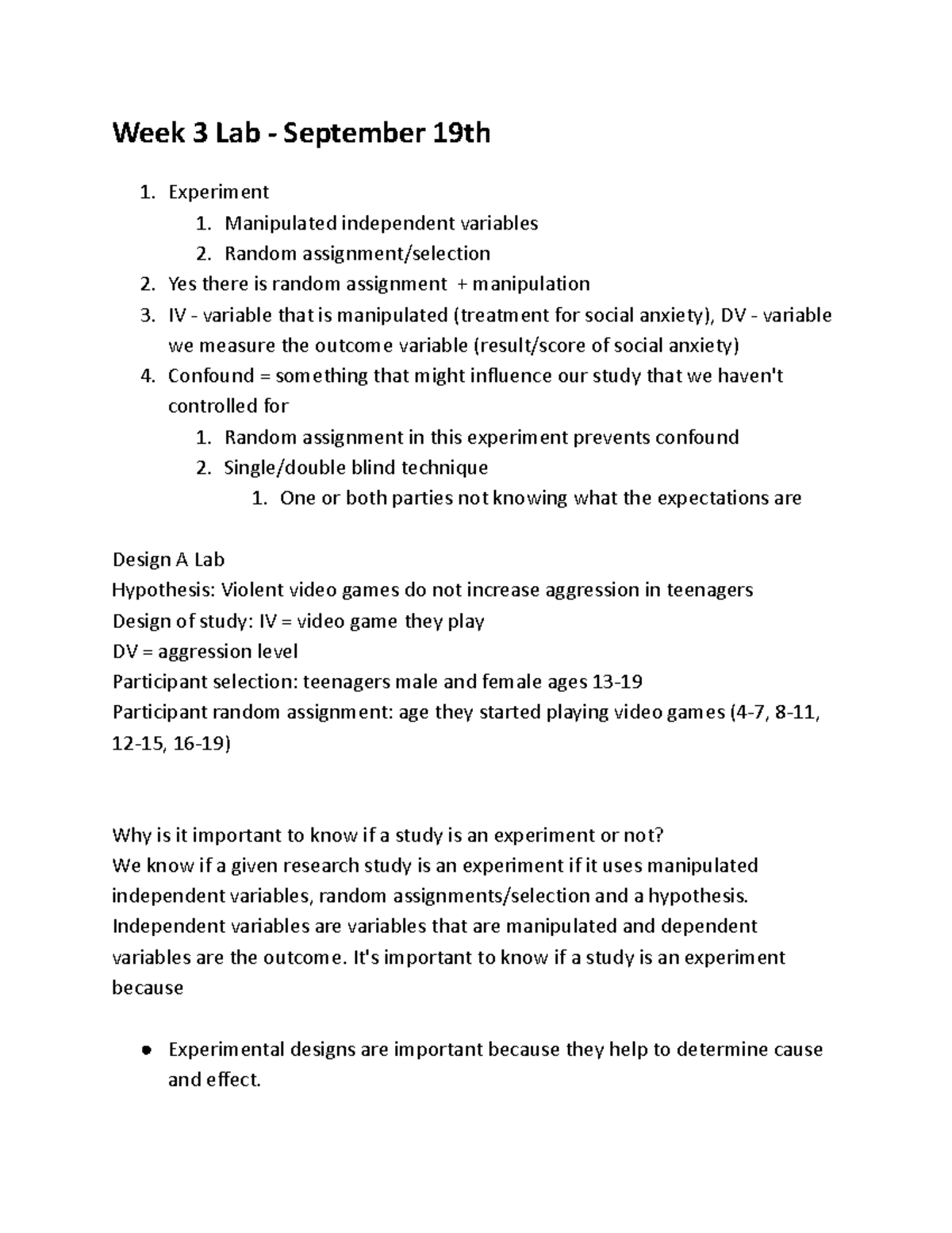 PSYC 100 Week 3 Lab - Lab - Week 3 Lab - September 19th Experiment Manipulated independent ...