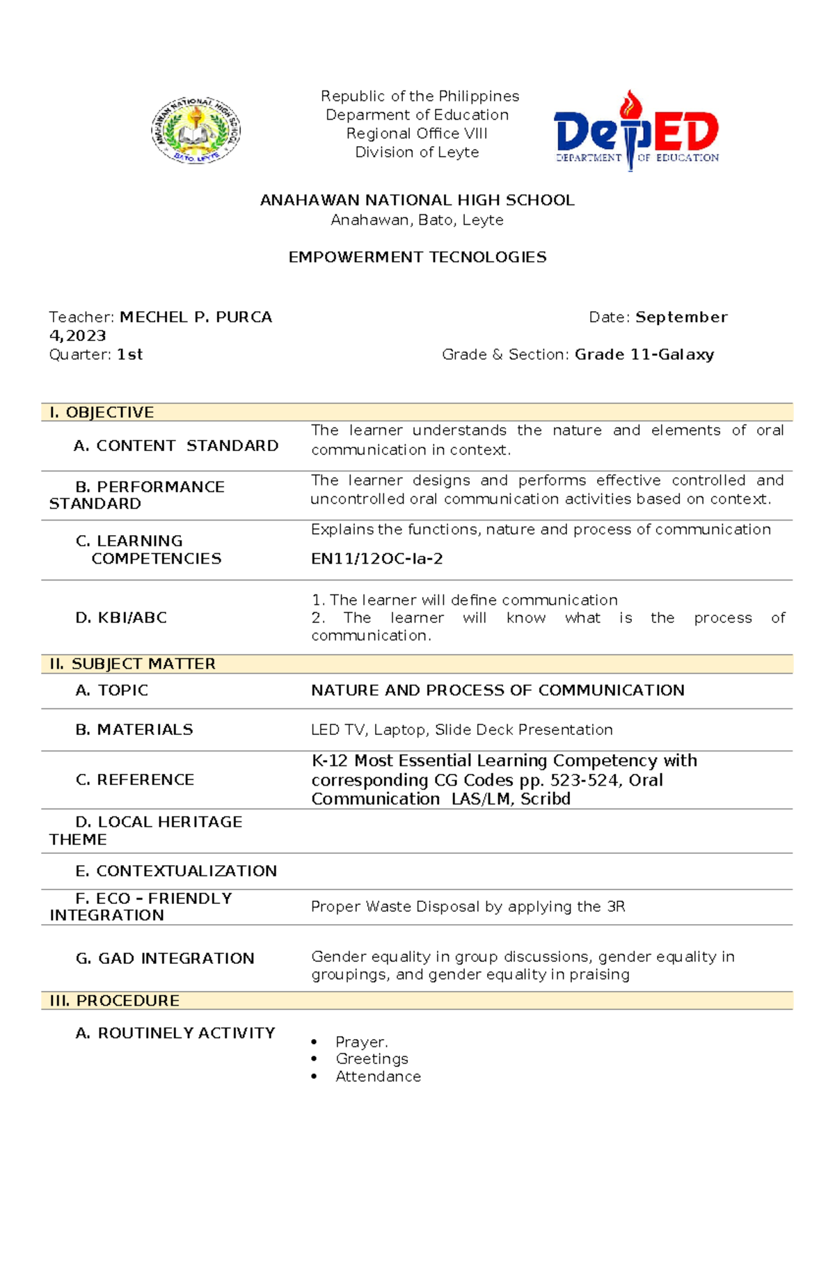 Oral com LP1 - Republic of the Philippines Deparment of Education ...