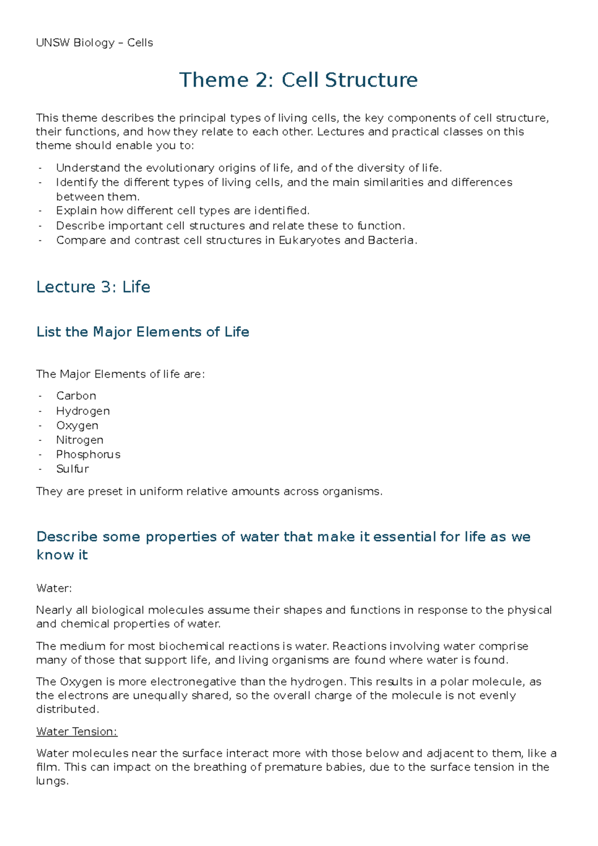 Cells Notes - UNSW Biology – Cells Theme 2: Cell Structure This theme ...