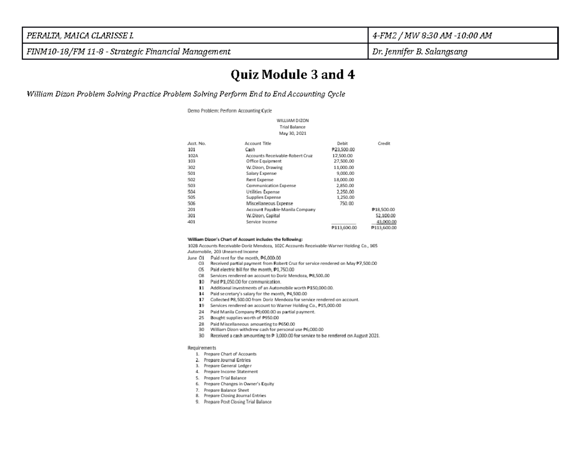 QUIZ 3-4 - ASSIGNMENT - PERALTA, MAICA CLARISSE I. 4-FM2 / MW 8:30 AM -10:00 AM FINM10-18/FM 11 ...