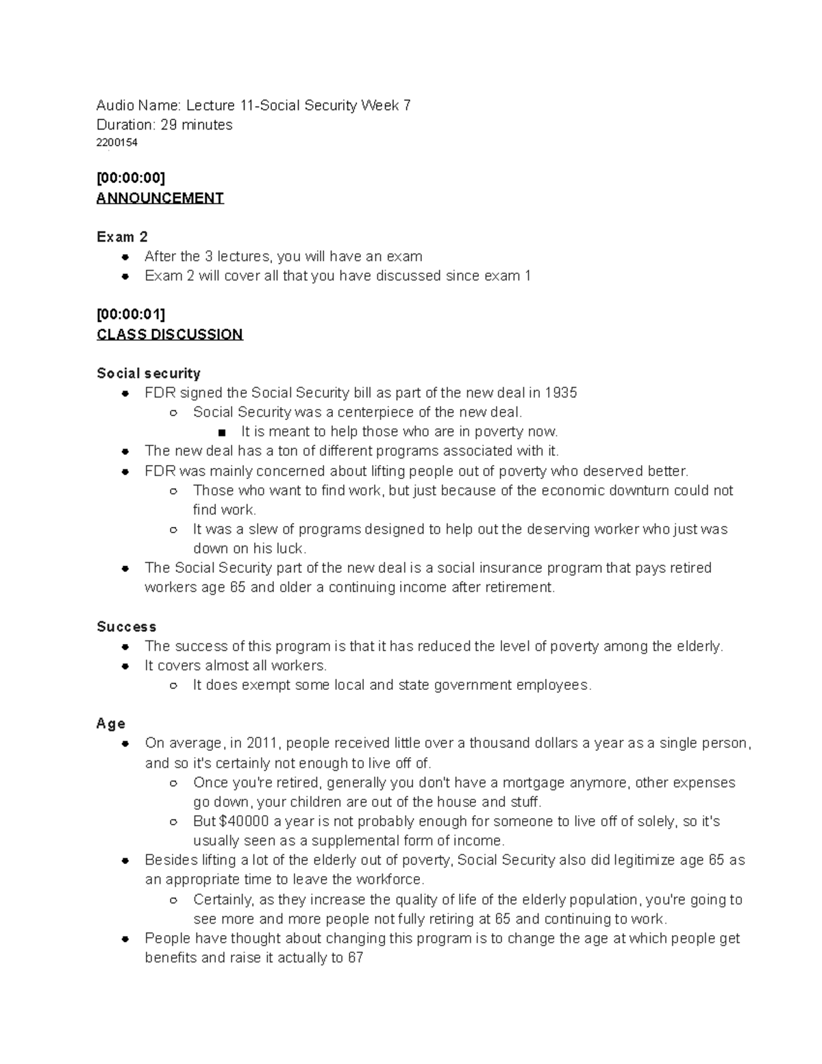 Module 7: Summary Notes Social Security - Audio Name: Lecture 11-Social ...