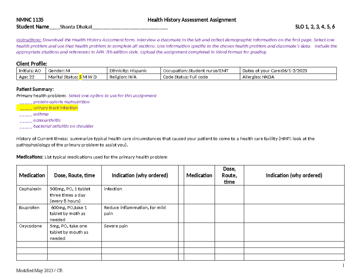 1135 health hx assess form - NMNC 1135 Health History Assessment ...