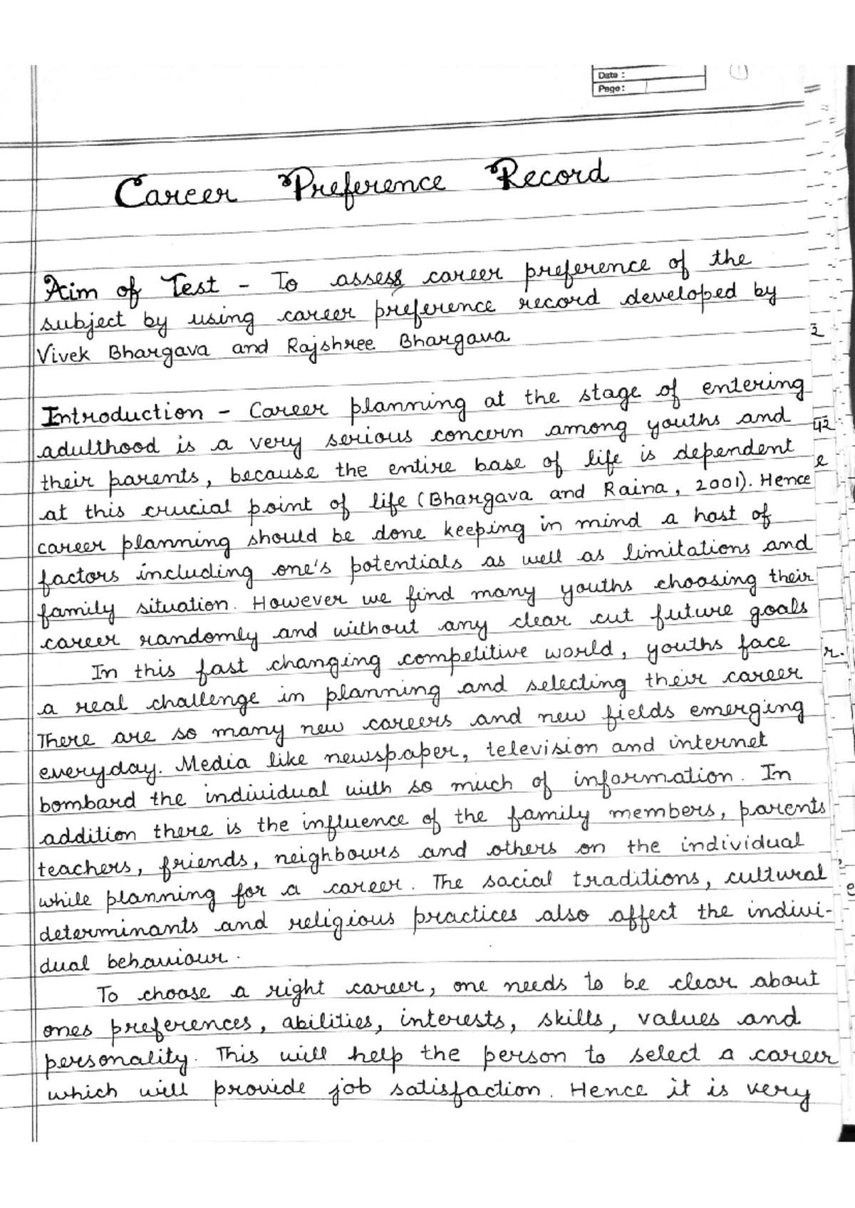 Career preference record - Learning Life Skills Through (Ge) - Studocu